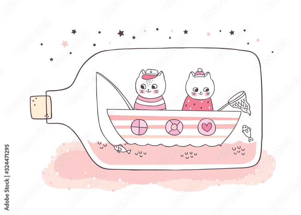 Cartoon cute white cats fishing in glass bottle vector. Stock Vector ...