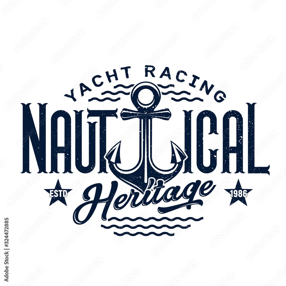 Sea ship anchor t-shirt print vector design of yacht racing nautical ...