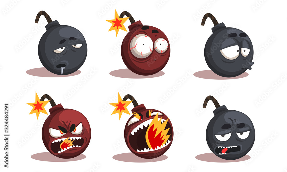 Collection of Bomb Cartoon Characters with Funny Faces and Various ...