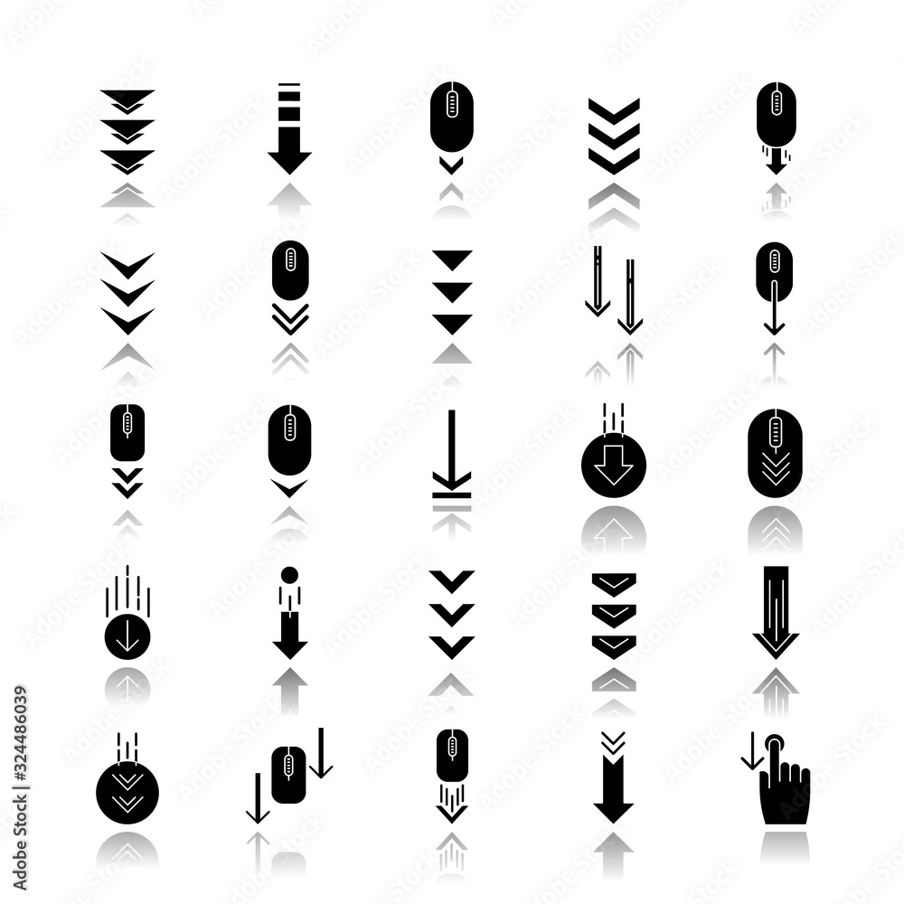 Scroll down drop shadow black glyph icons set. Internet page browsing and download indicators ...