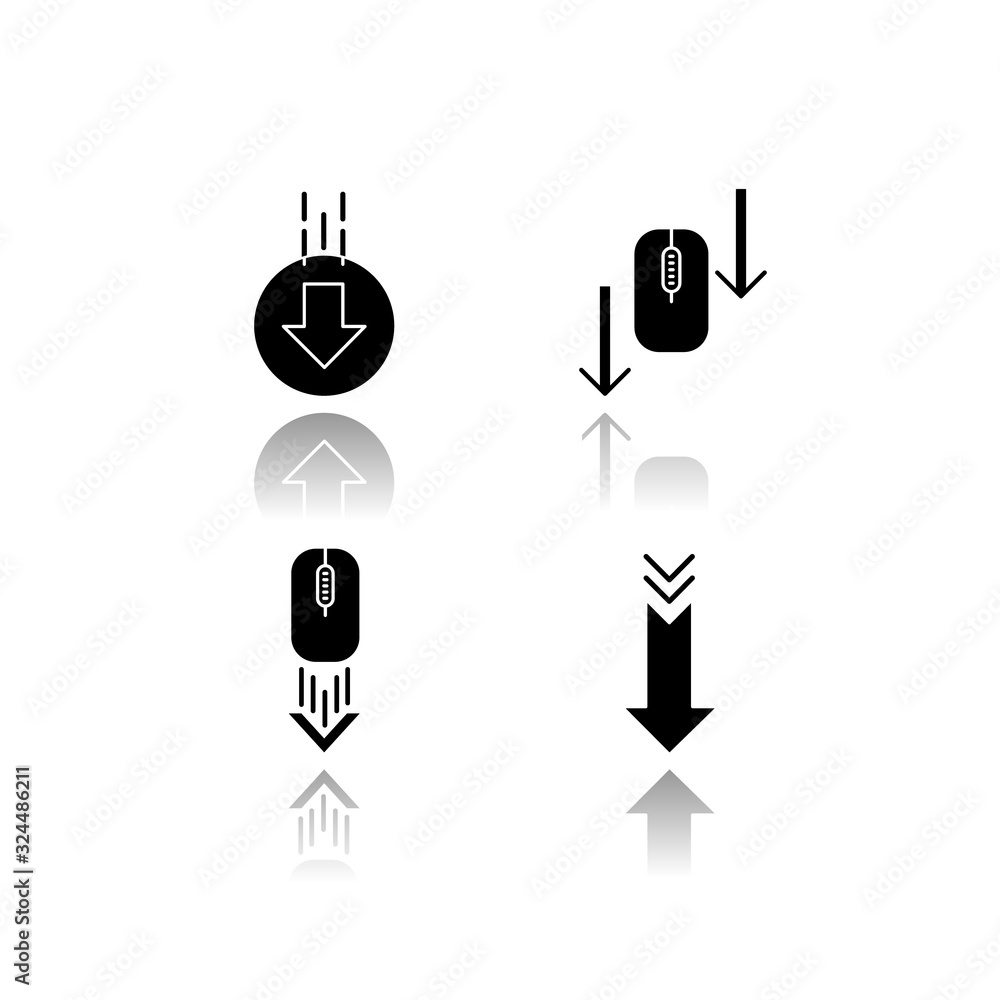 Computer mouse and arrowheads drop shadow black glyph icons set. Scrolling down and uploading ...
