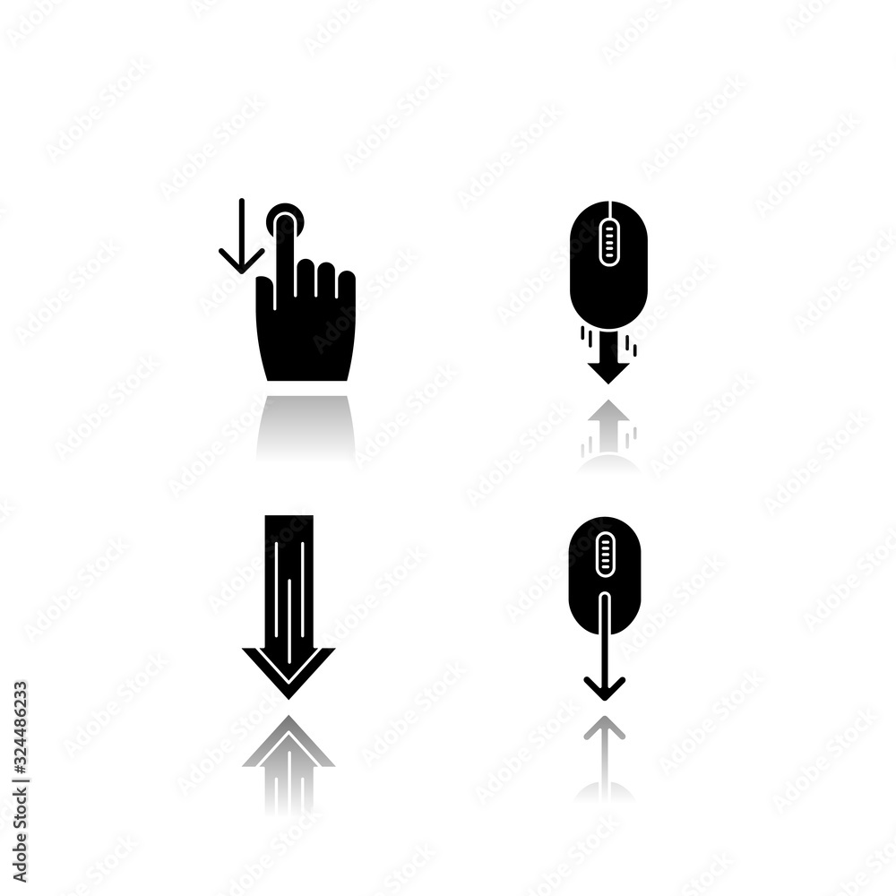 Scrolldown drop shadow black glyph icons set. Swipe down indicators for ...