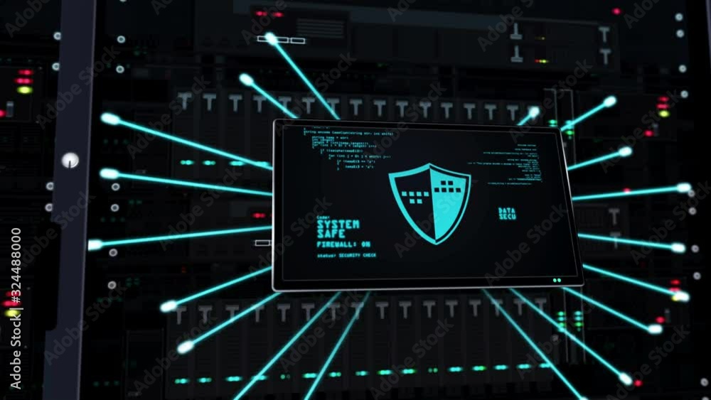 Cyber security symbols on datacenter. The concept of digital protection ...