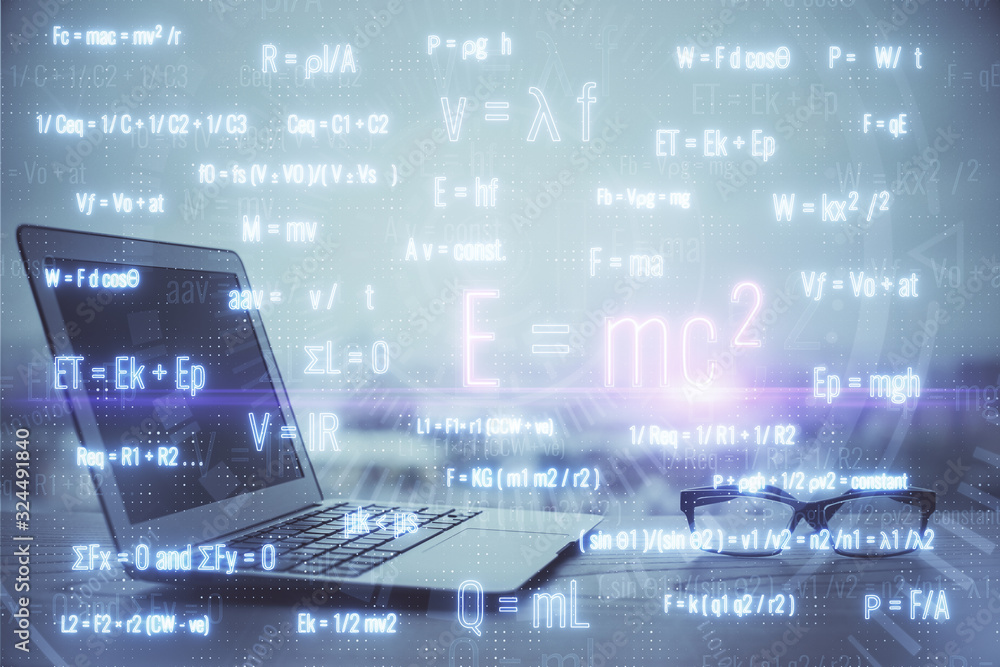 Desktop computer background and formula hologram writing. Double ...