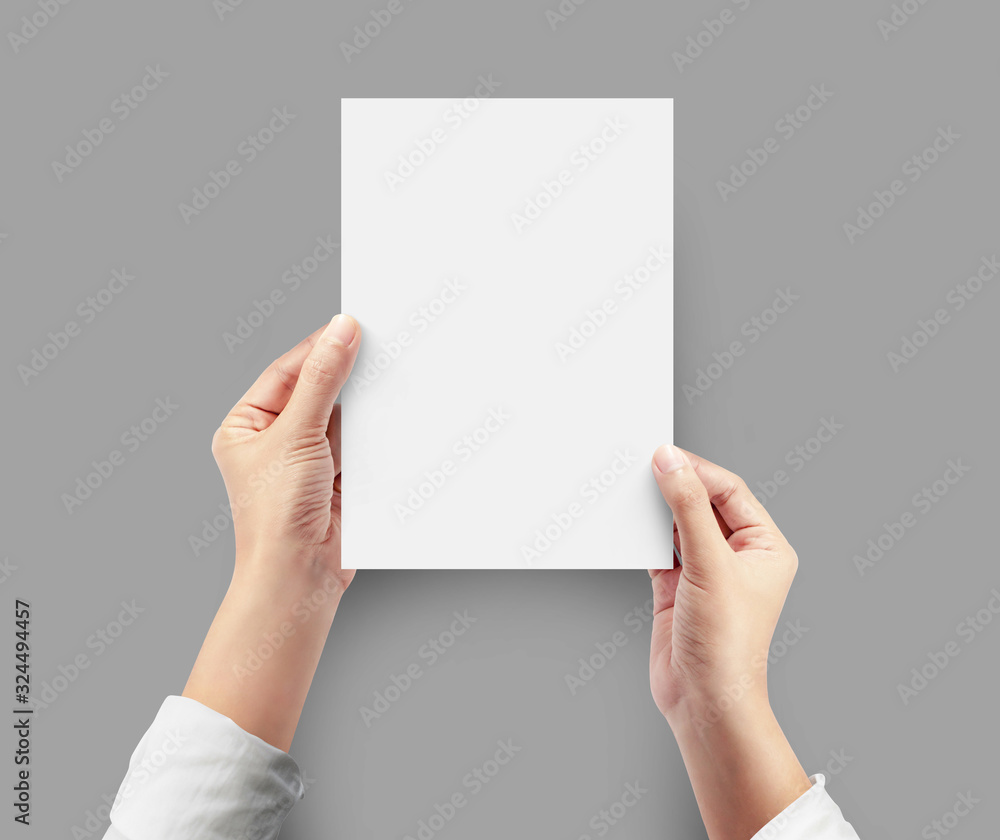 Hands Working women holding blank paper A5 size on top view. clipping ...