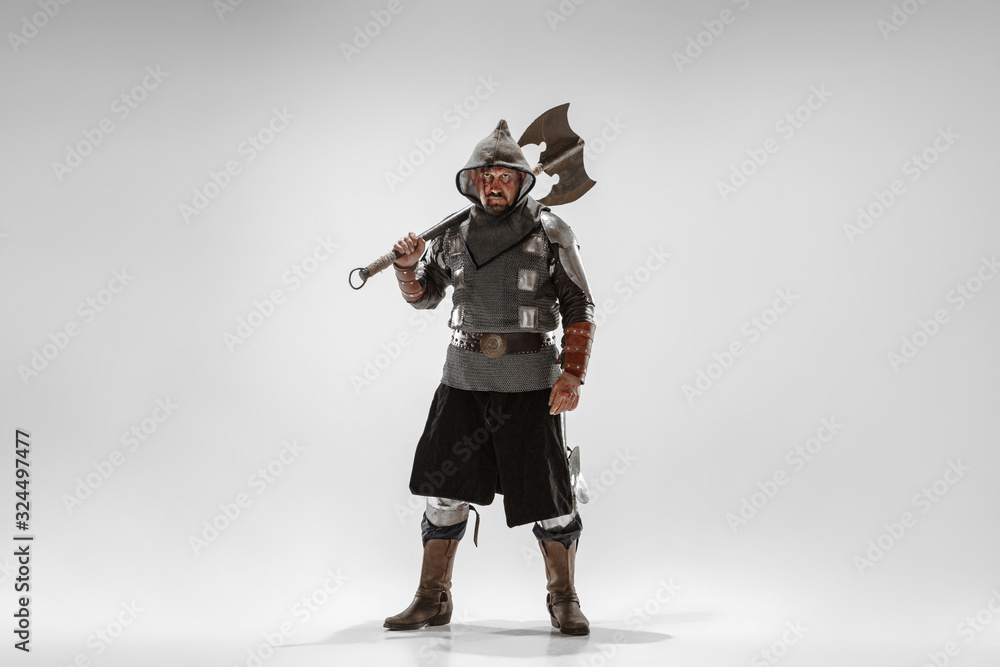 Brave armored knight with professional weapon fighting isolated on ...