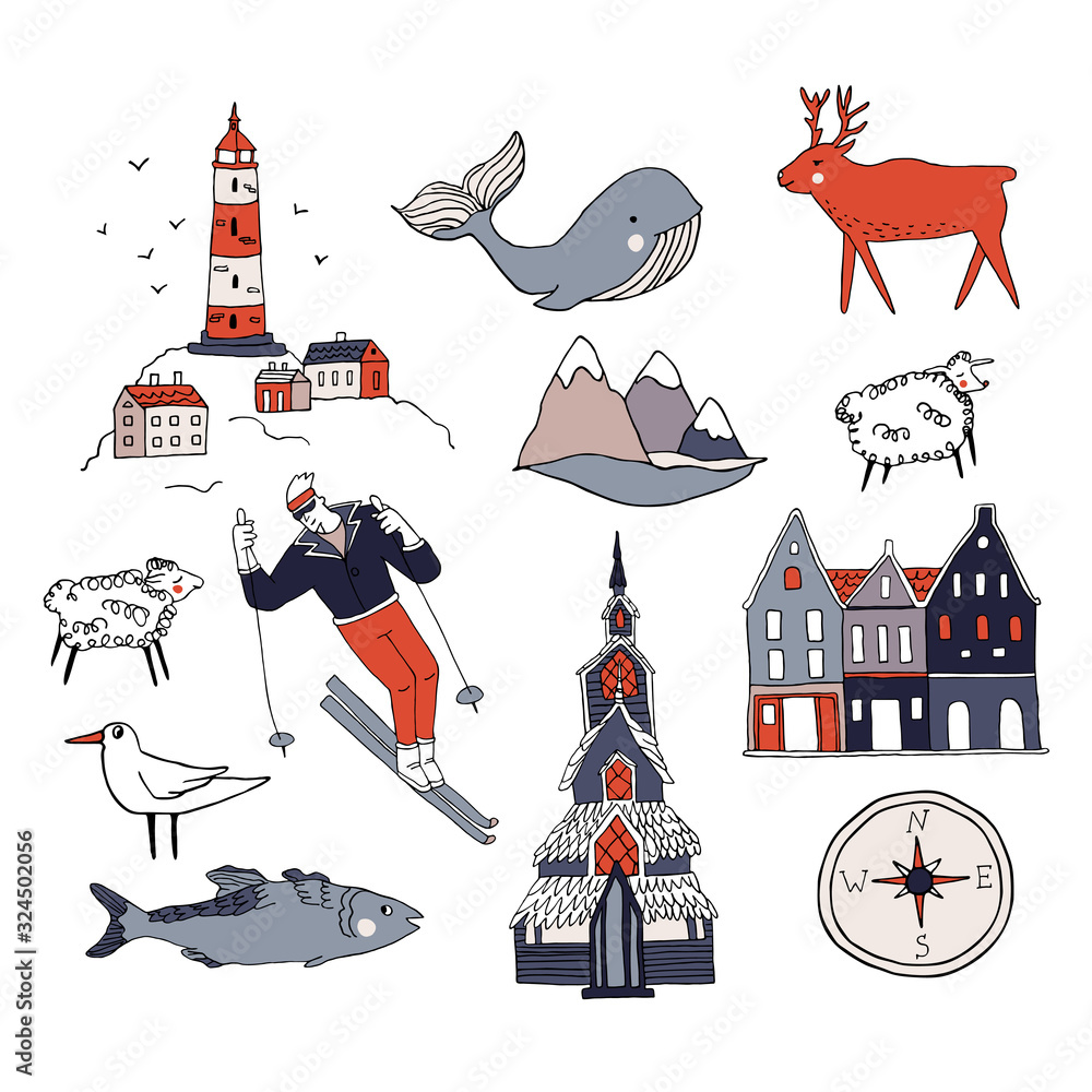Norway culture elements set. Hand drawn vector illustration of Nordic ...