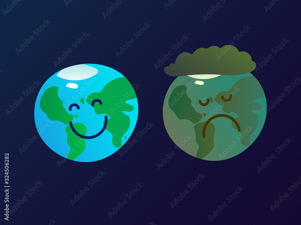 Two planet Earth mascots in the space - happy and clean smiling world ...