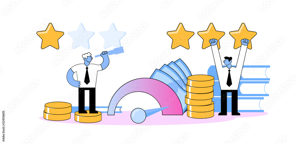 Businessmen standing among rating stars and indicators. Ranking ...
