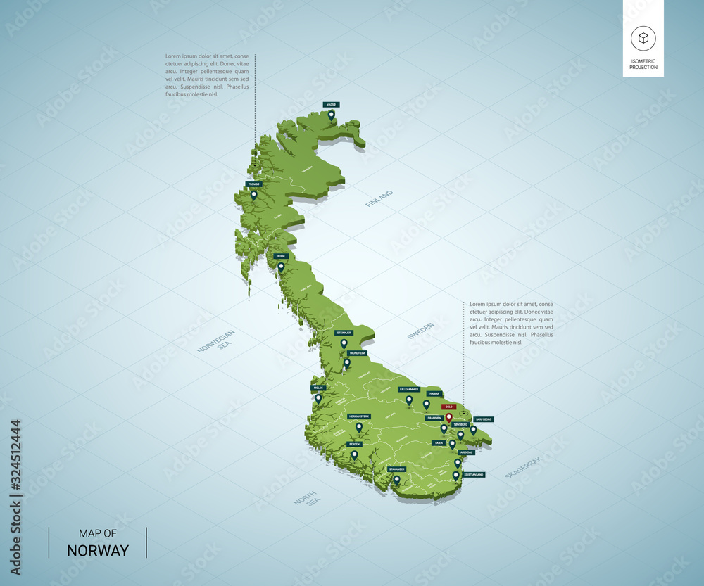 Stylized map of Norway. Isometric 3D green map with cities, borders ...