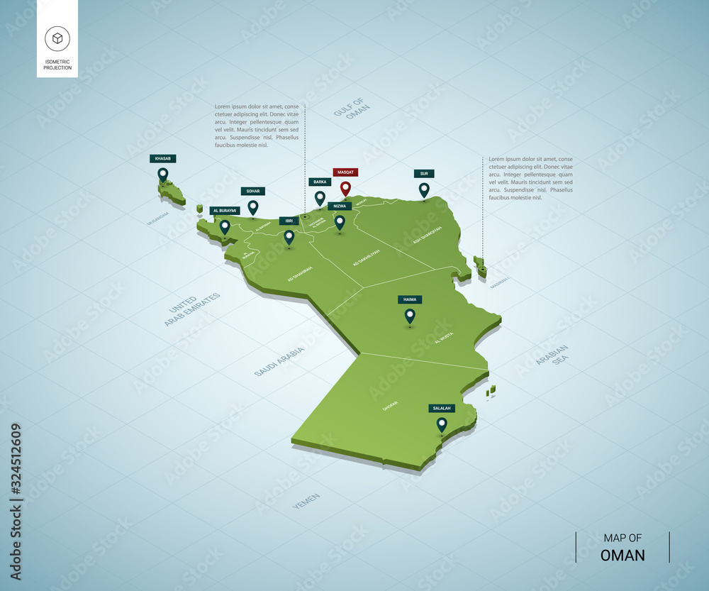 Stylized map of Oman. Isometric 3D green map with cities, borders ...