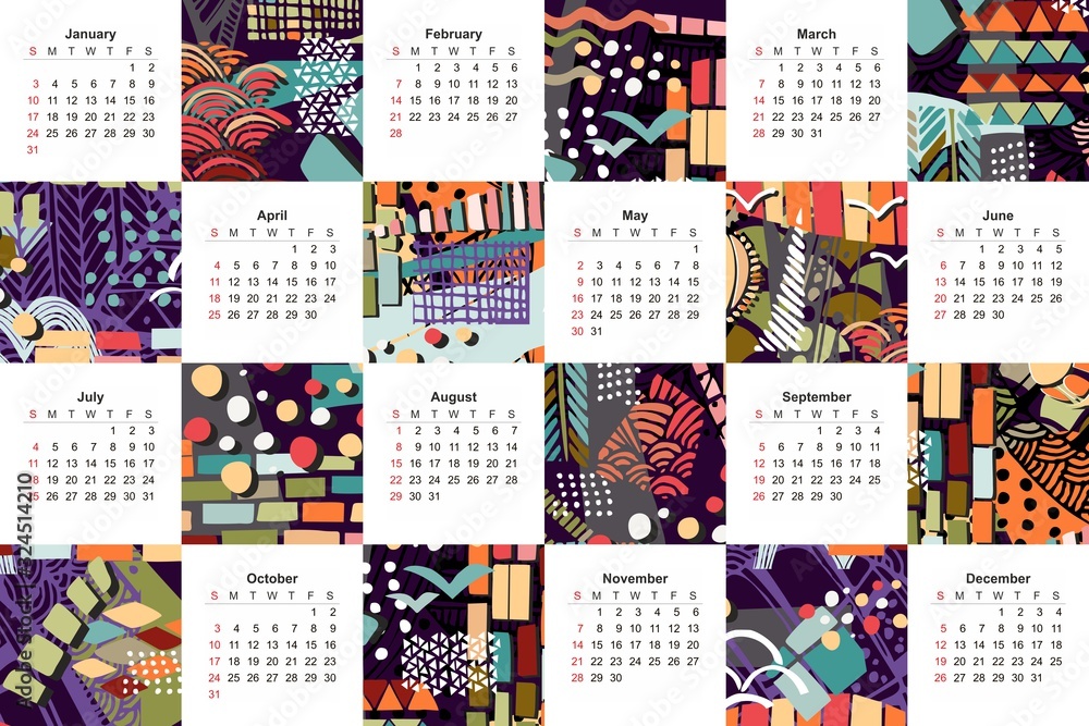 Calendar for 2021 year. Original design with abstract colorful patterns ...