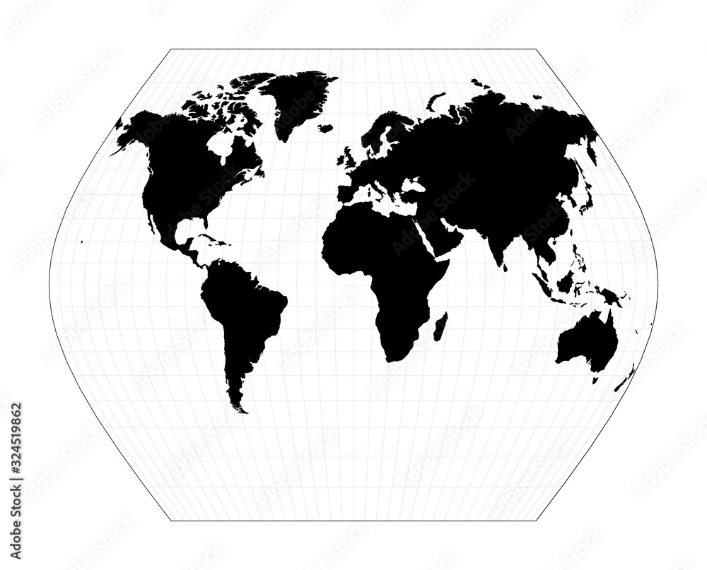 World map with graticule lines. Ginzburg VIII projection. Plan world ...
