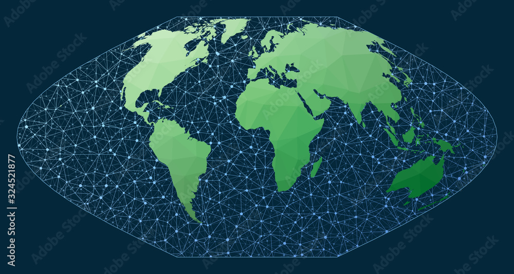 Internet And Global Connections Map Mt Flat Polar Sinusoidal Projection Green Low Poly World