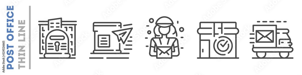 Big set of post office buildings and services thin line icons isolated ...