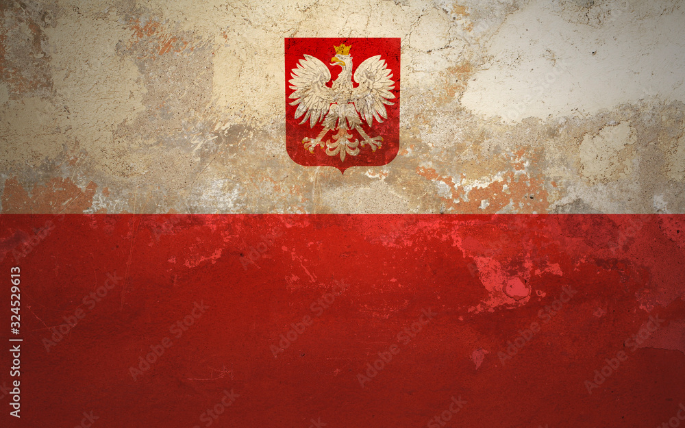 Polish vintage old flag with wall concret texture. Symbol of Poland ...