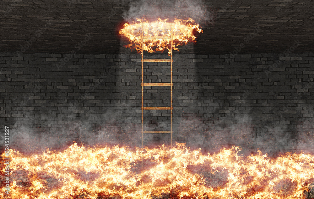 Dante's Hell, dark cavern burning with flames with a ladder to climb to ...