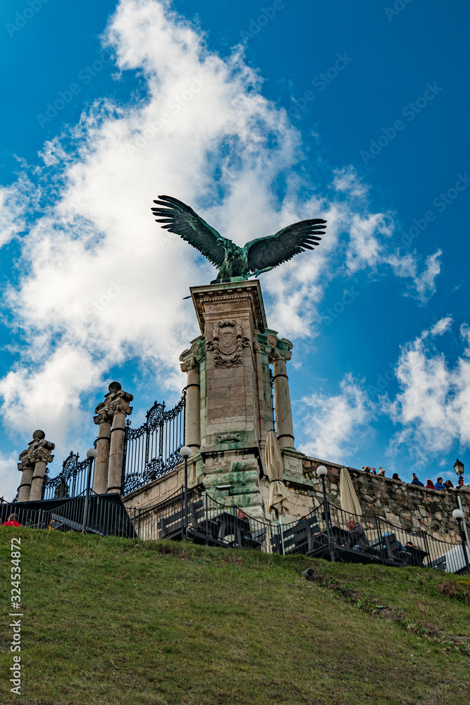 Hungary, Budapest - 14 february 2020: statue Turul is a mythological ...