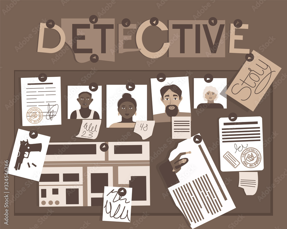 Vetor de Detective story board for concept design. Investigation ...