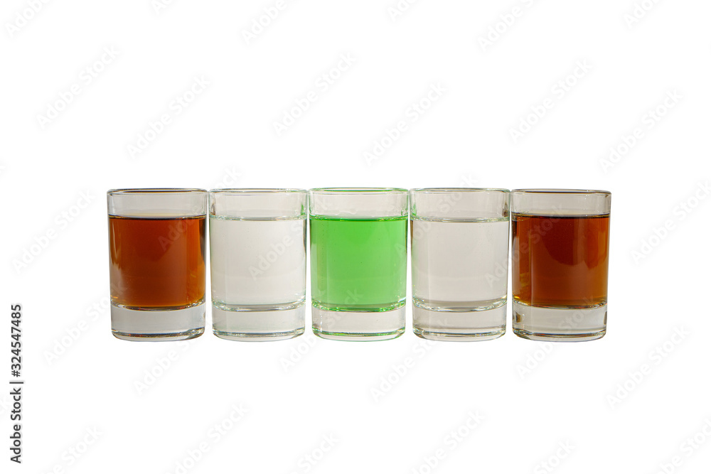 Multicolored transparent cocktails, a set of shots in one row, five ...