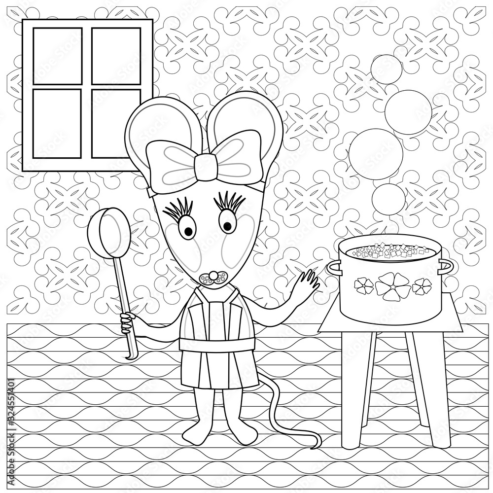 cute mouse with a ladle and a pot of soup in a beautiful home ...