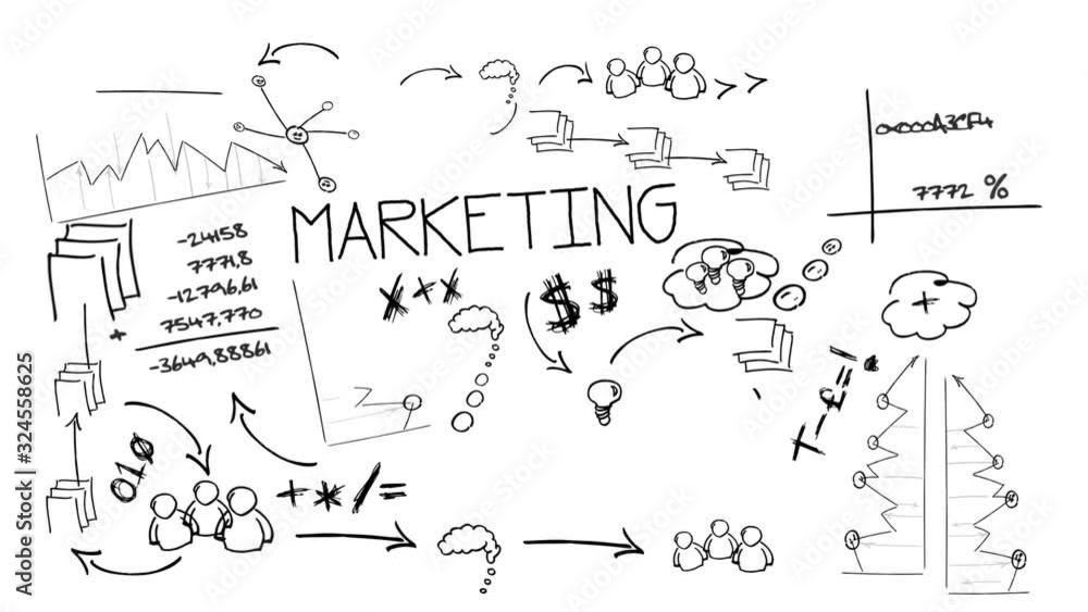 Marketing sketch business plan strategy drawing black and white board ...
