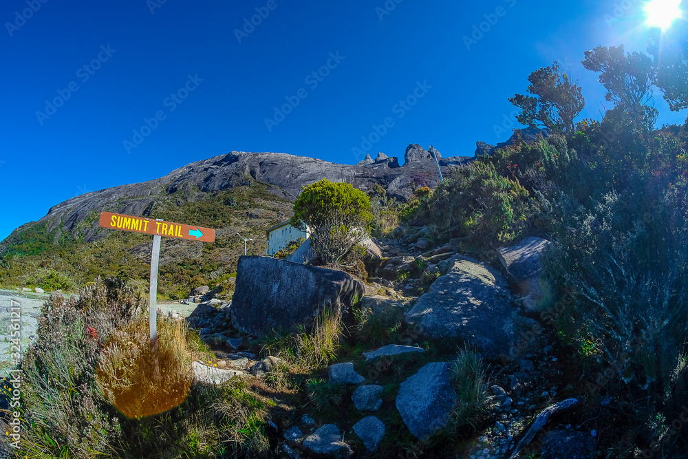 Signboard to the summit trail Mount Kinabalu, Sabah, Malaysia at Laban ...