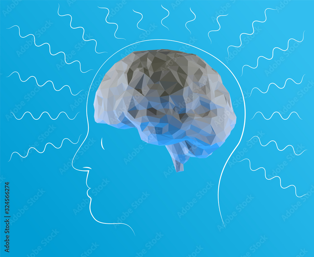 White Plaster Brains with Brain Waves on Blue Background. Low Poly ...