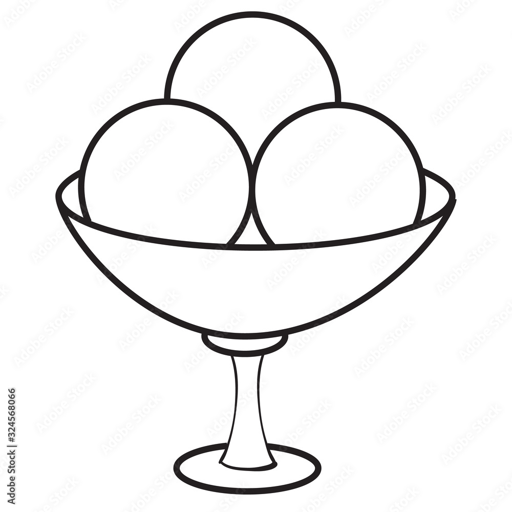 ice cream in balls lies in a vase on a high leg, drawing in outline ...