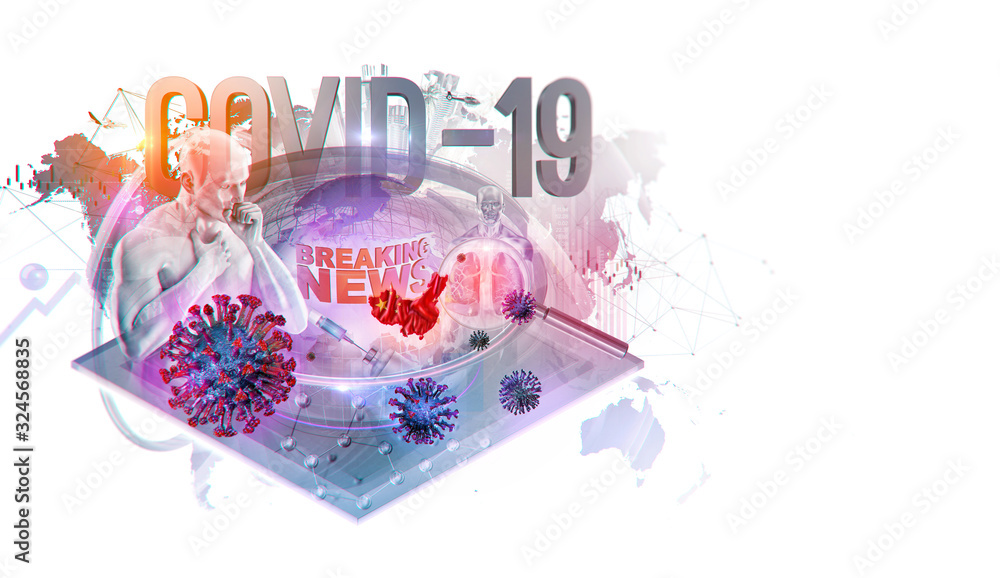 China pathogen virus collage background with coronavirus covid-19, ill ...