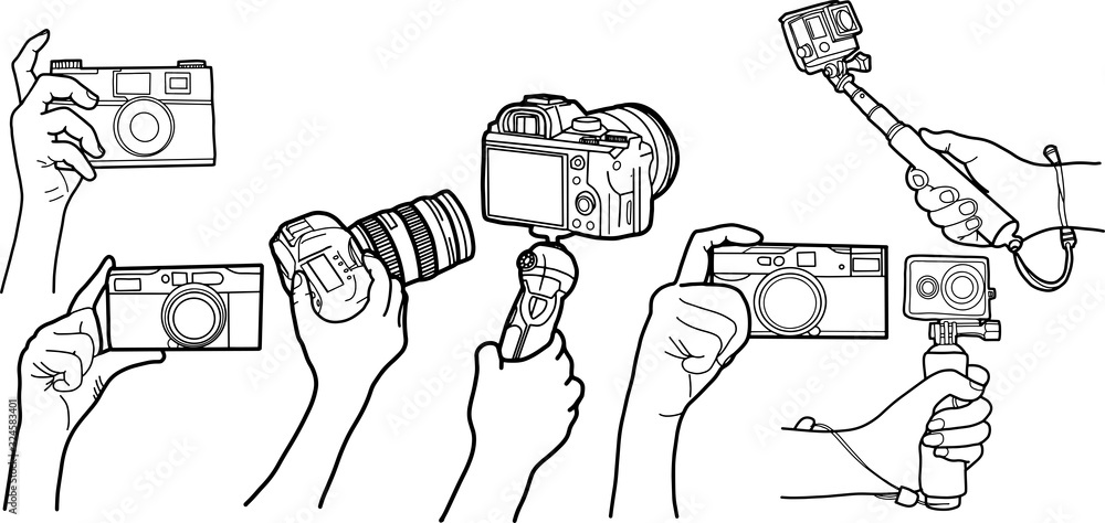 Vector of hands holding camera, hand drawn in black color and White ...