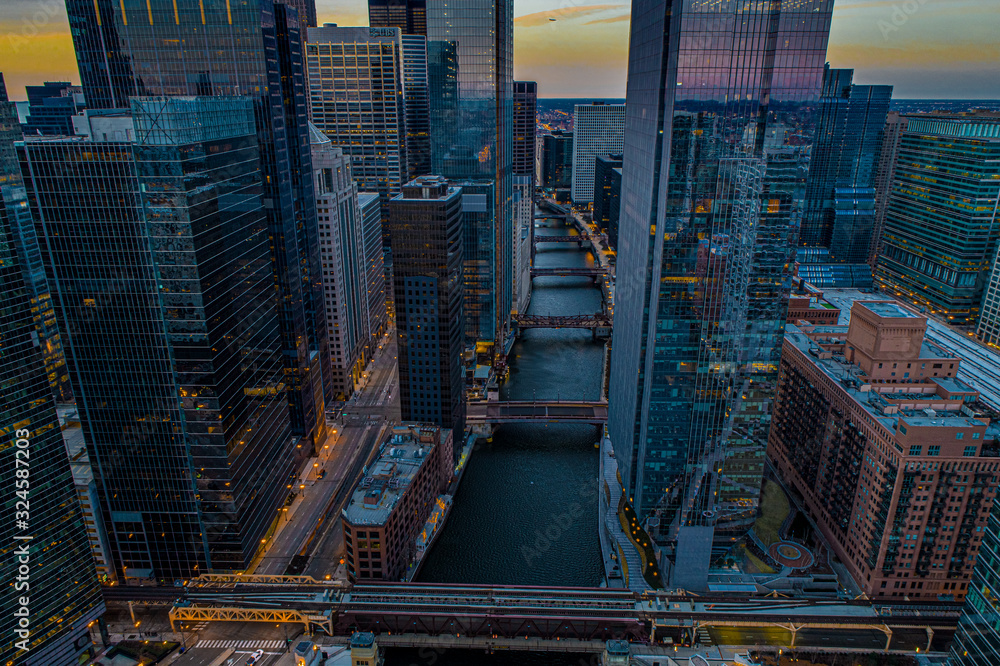 Chicago Skyline & River Sunrise Aerial Photo Stunning Sky Stock Photo ...