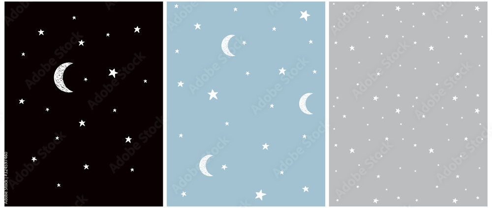 White Stars and Moon. Seamless Vector Patterns. Irregular Hand Drawn ...