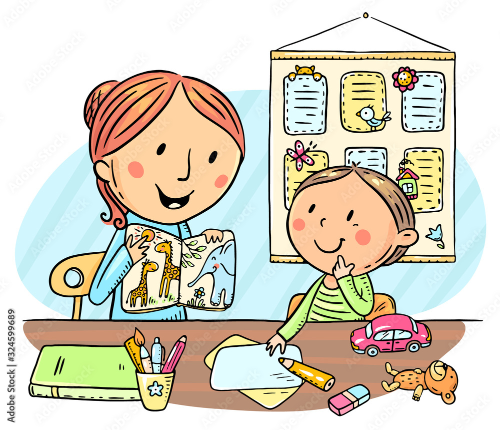 Child and teacher or mother reading a book together and describing ...