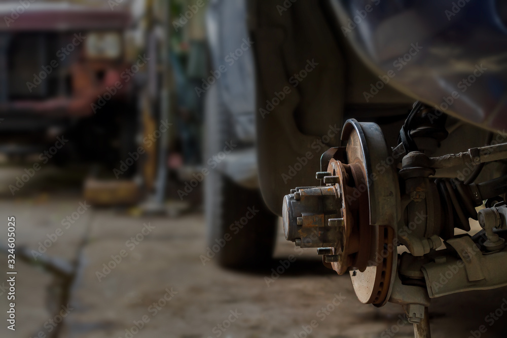 Close-up rusty disk break with hub wheel and auto hub lock of 4x4 car ...
