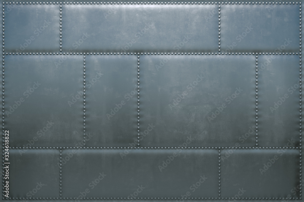 3d image of the metal skin of an airplane with rivets. Steel background ...