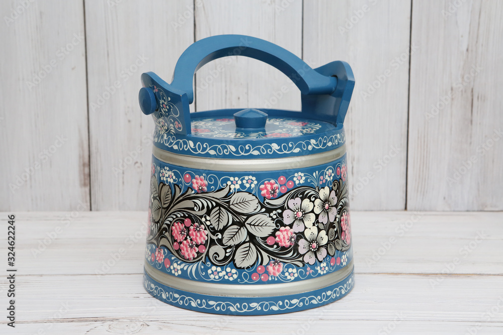 Ancient russian traditional national handcraft: keg with blue north ...