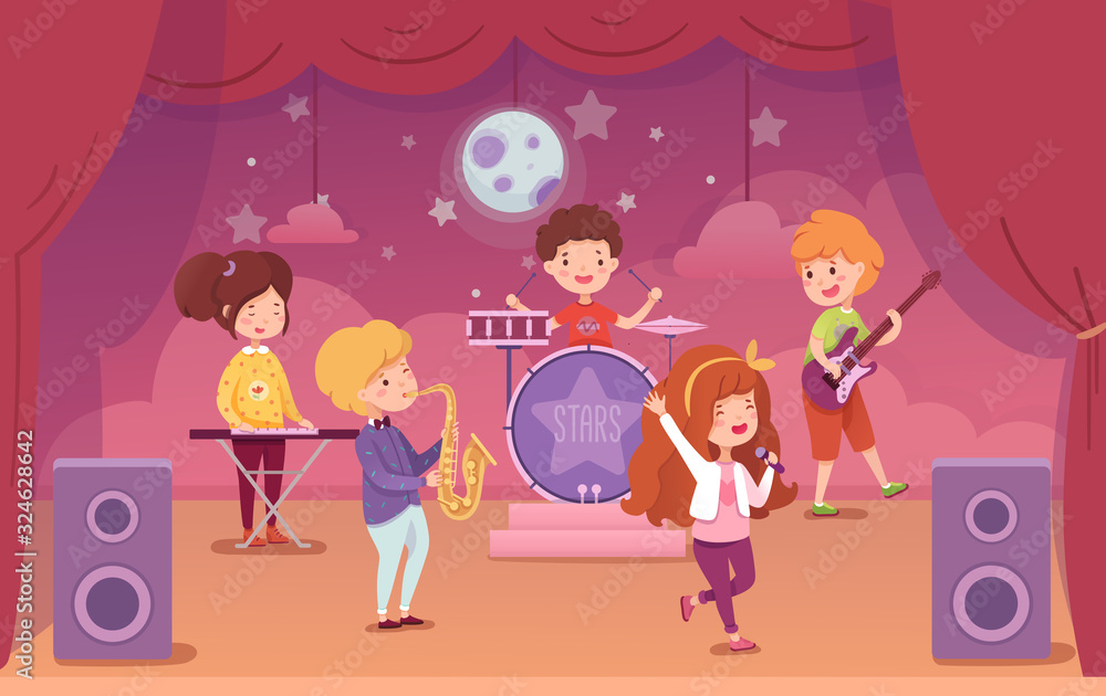 Children music band performing on concert scene Stock Vector | Adobe Stock