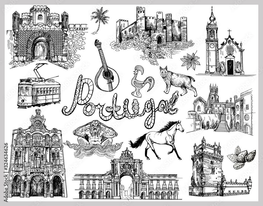 Set of hand drawn sketch style Portugal related objects isolated on ...