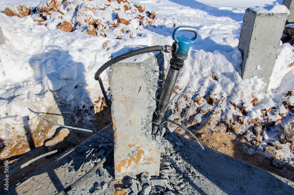 Demolition of concrete piles. Concrete base of the new building. Stock ...