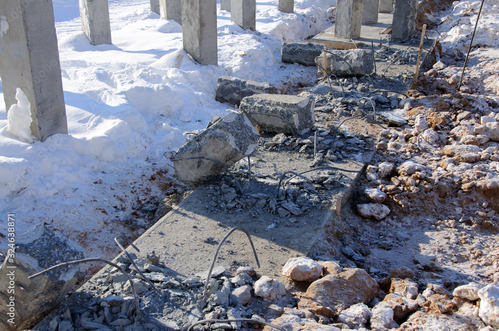 Demolition of concrete piles. Concrete base of the new building. Stock ...