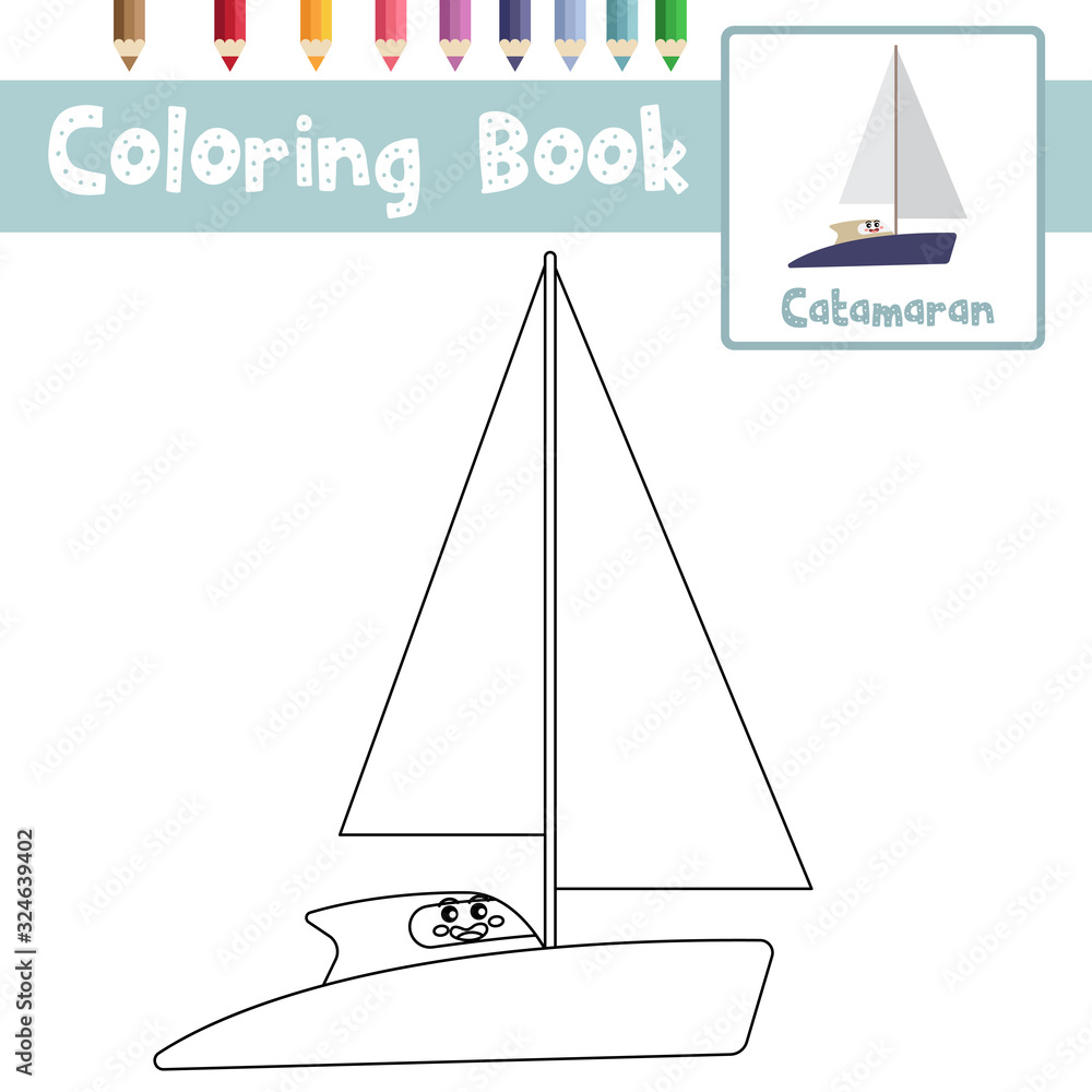 Coloring page Catamaran cartoon character side view vector illustration ...