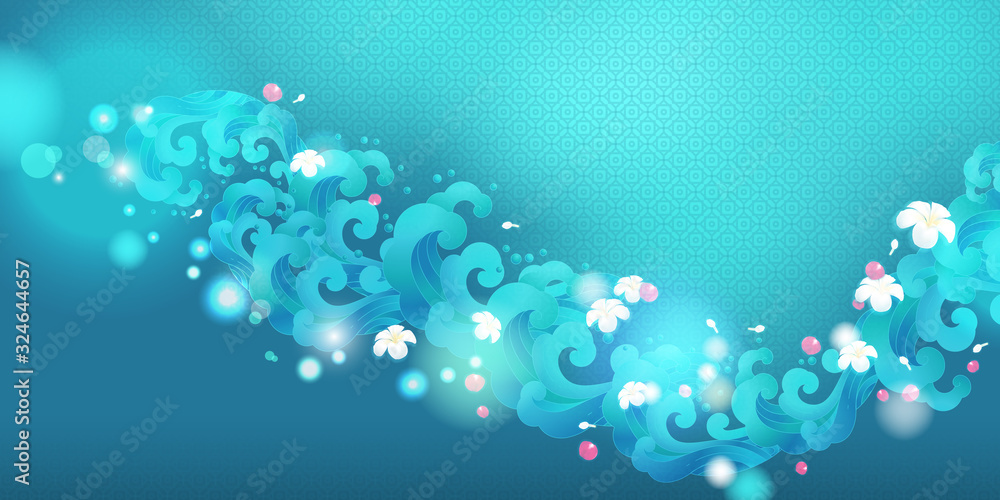 Water wave and Thai flower vector illustration. For Songkran Thailand ...
