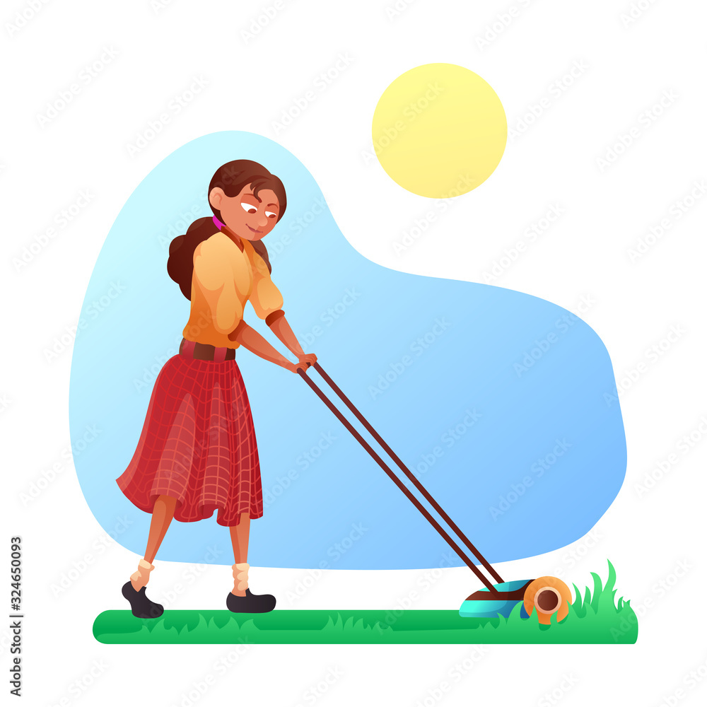 Cartoon young woman mowing grass with lawn mower Stock Vector | Adobe Stock