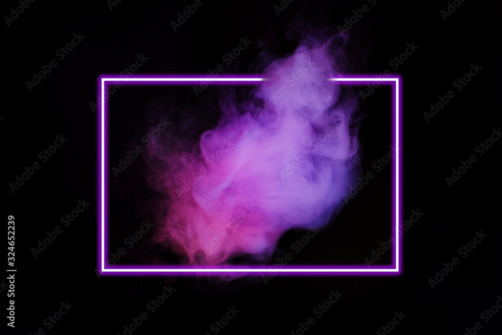 Abstract neon light smoke effect with neon frame on black background ...