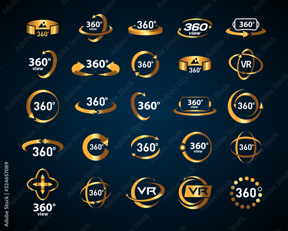 Gold 360 Degrees View Vector Icons set on black background. Virtual ...