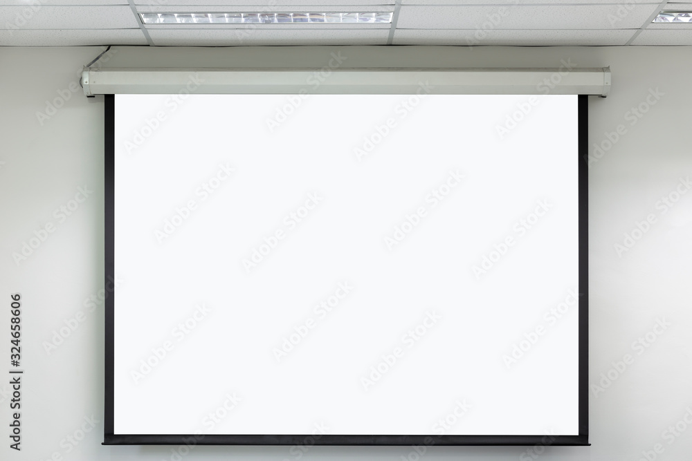 Front view of lecture room with empty white projector screen. Stock ...