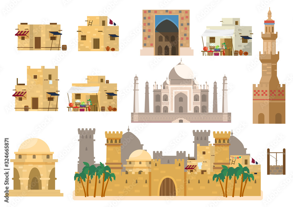 Vector set of arabic architecture. Houses, Taj Mahal, rotunda, castle ...