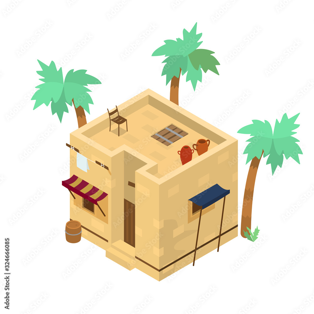 Isometric Middle Eastern building with lots of details. Mud brick house ...