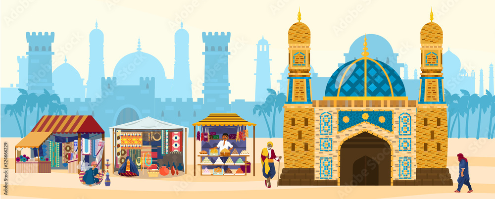 Vector illustration of muslim city with mosque, street shops, people ...
